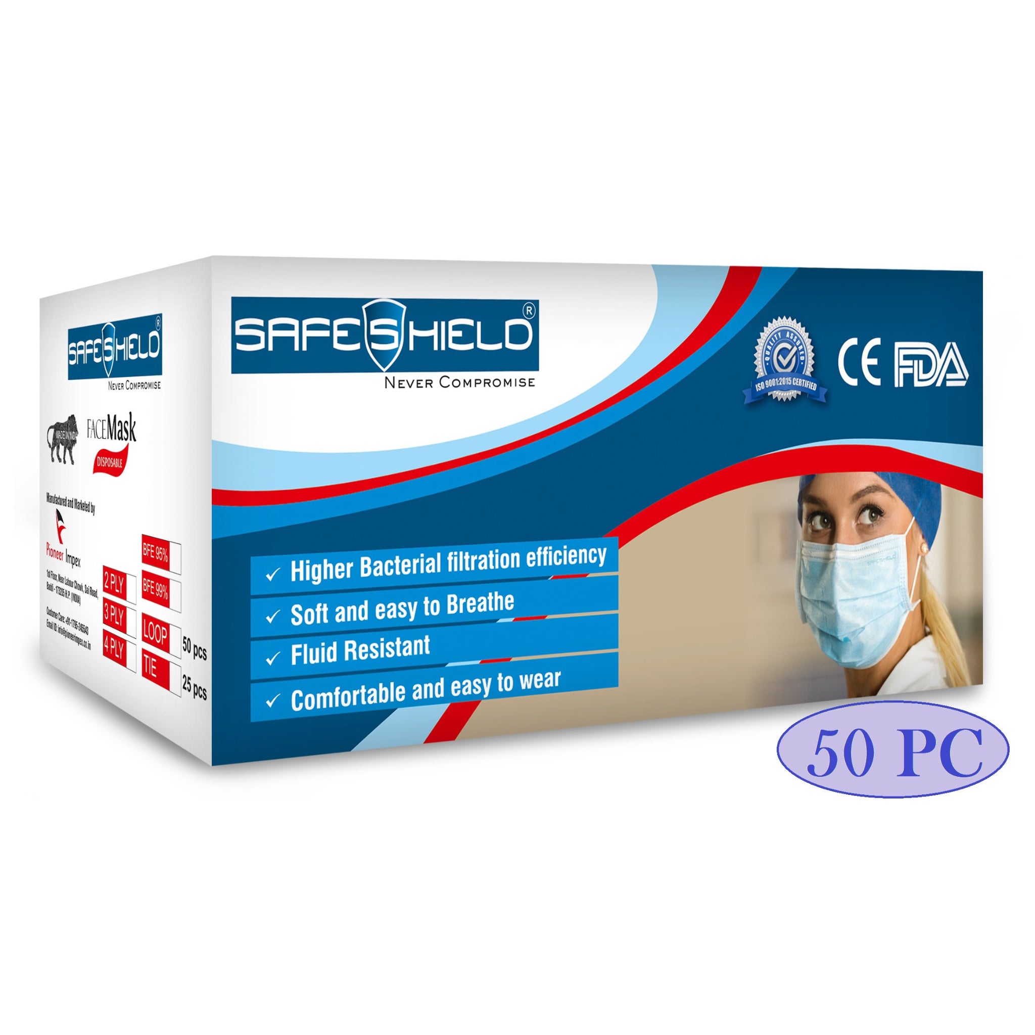 Safeshield Disposable Masks with Nose-clip, Pack of 50, Non-Woven